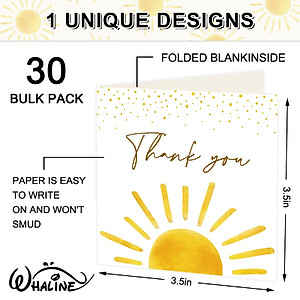 Whaline 30 Pack Mini Baby Shower Thank You Cards with Envelopes Stickers Boho Sun Greeting Cards Sunshine Blank Note Cards for Baby Shower Birthday Wedding Party Supplies, 3.5 x 3.5 Inch