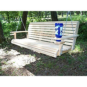 Ecommersify Inc 5 Ft USA Made Cypress Roll Back Porch Swing with Swing-Mate™ Comfort Springs and Cup Holder Arm and Stainless Steel Hardware Upgrade