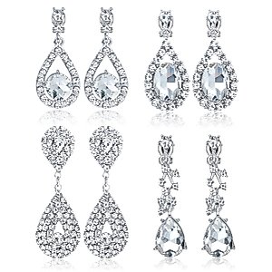 Thunaraz 4 Pairs Clip on Earrings for Women Crystal Teardrop Wedding Earrings Clip on Rhinestone Formal Chandelier Dangle Earrings for Brides Bridesmaids Stylish Non Pierced Jewelry