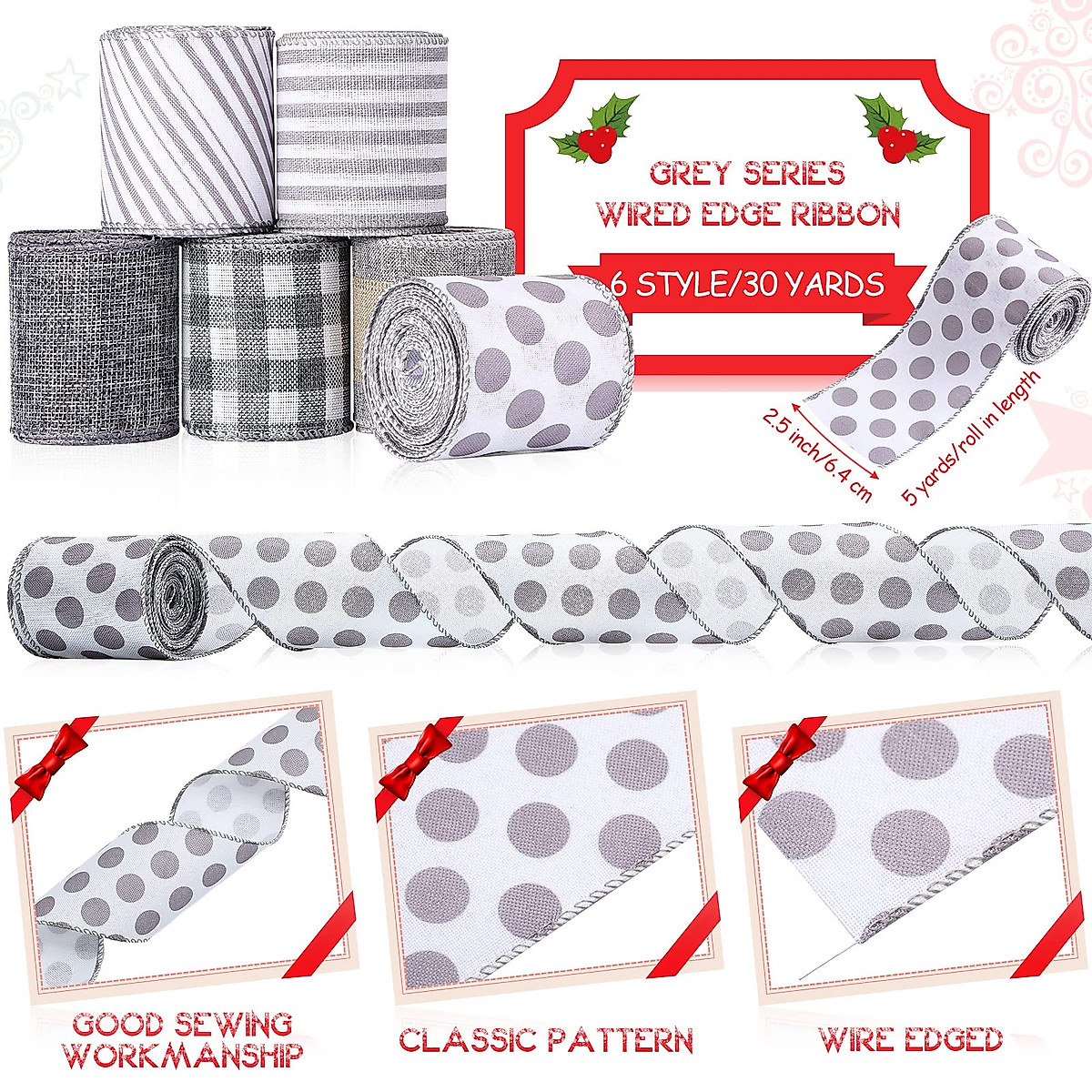 6 Rolls 30 Yards Christmas Wired Edge Ribbons 2.5 inch Buffalo Plaid Ribbon Candy Cane Striped Craft Ribbon Polka Dot Wrapping Ribbon for Christmas Tree Birthday Party Decorations (Gray)