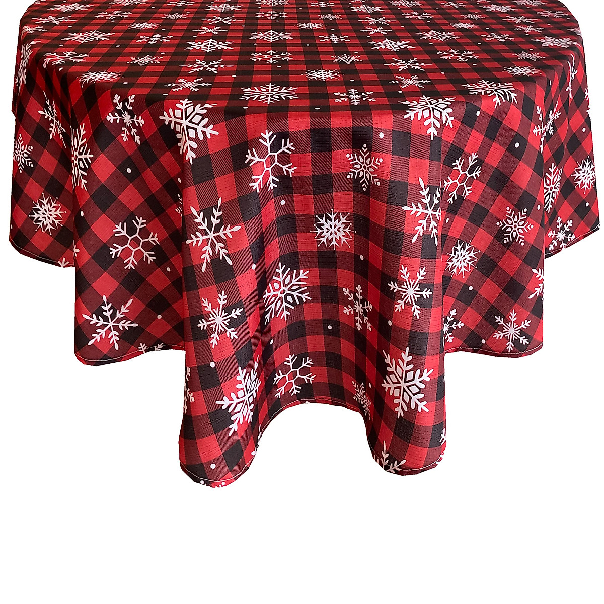 Lintex Red/Black Snowflake Plaid Festive Christmas Fabric Tablecloth, Red, Black and White Plaid Country Rustic Xmas Holiday Tablecloth, 70” Round