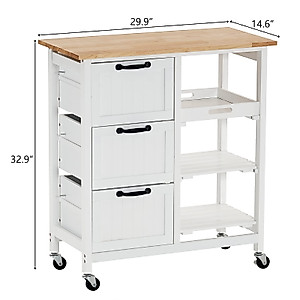 White Mobile Cart on Wheels Coffee Bar w/2 Drawers Kitchen Island Cart with Storage,Rolling Serving Utility Trolley Cart On Wheel with 3 Drawers and 3 Storage Shelves, Kitchen Serving Cart for Bar