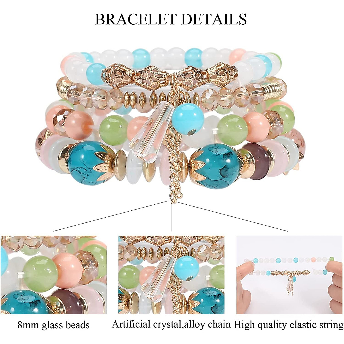 8 Packs Beaded Bracelet Bohe Multilayer Chain Tassel Stackable Charm Stretch Statement Bracelet Set