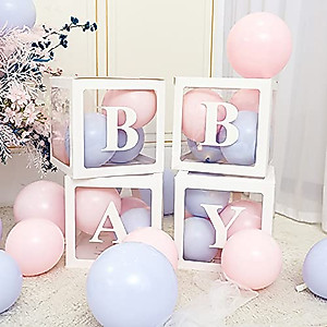 TKOnline Baby Shower Boxes Party Decoration, 4 Pcs Transparent Balloons Boxes Decoration with Letters, Individual Clear Baby Blocks for Boys and Girls,Gender Reveal, Birthday, Party, Bridal Showers