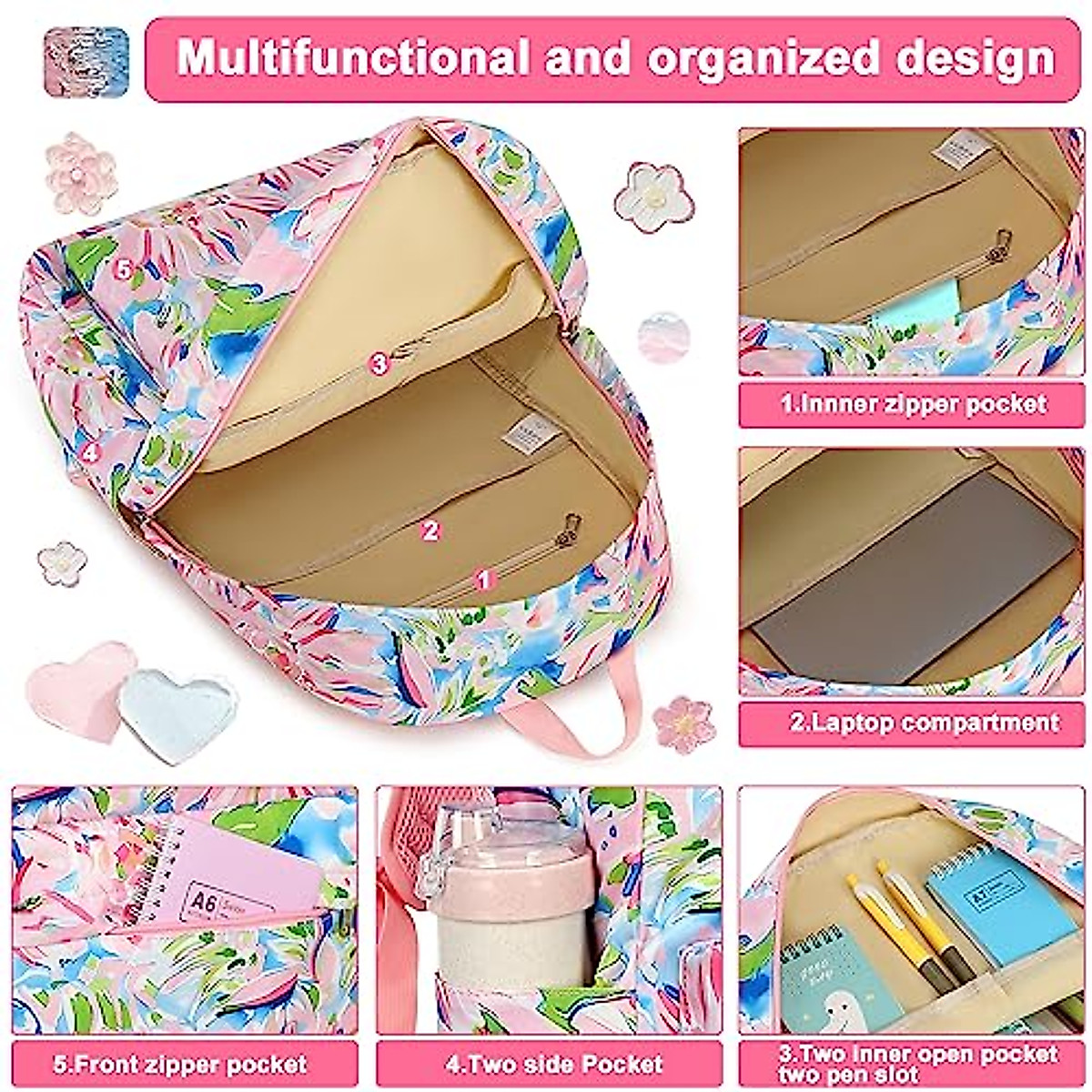 BTOOP Girls School Backpack Set Floral Schoolbag Laptop Bookbag Insulated Lunch Tote Bag Purse Teens Kids