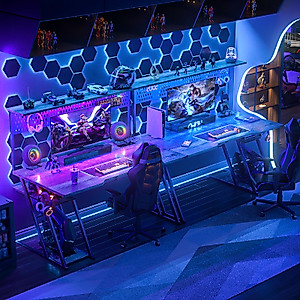 armocity 55'' Gaming Desk with Hutch and LED Lights, Gaming Computer Desk with Storage Shelves & Z-Shaped Legs, Reversible PC Gaming Desk with Pegboard, Ergonomic Desk for Bedroom, Grey Oak