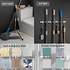 Broom and Mop Holder Wall Mount Organizer 17" Organize Stainless Steel Holder for Kitchen Bathroom Garden Garage Organization Heavy Duty Tools Hanger with 3 Racks 4 Hooks (Black)