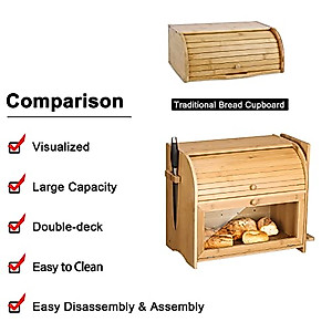 HOMEKOKO Double Layer Large Roll Top Bread Box for Kitchen Counter, Retro Design Wooden Large Capacity Bread Storage Bin (Natural)