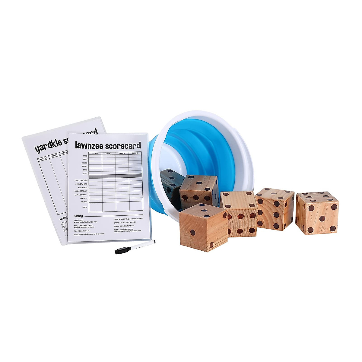 Giant Wooden Yard Dice Set for Lawn Games, Play Lawnzee or Yardkle, Includes Dice, Collapsible Bucket, Reusable Scorecards and Dry Erase Markers