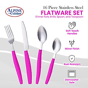 ALPINE CUISINE Flatware Set 16 Piece Service for 4, Stainless Steel Flatware Cutlery Set Includes Dinner Knives/Forks/Spoons - Great for Camping or College Dorms - Dishwasher Safe - Pink