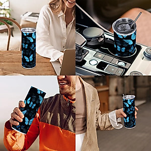 Honeybaby Blue Butterfly Coffee Tumbler 20 oz with Straw & Lid Leak Proof Tumbler Reusable Stainless Steel Tumblers Insulated Water Bottles Gifts for Women Men