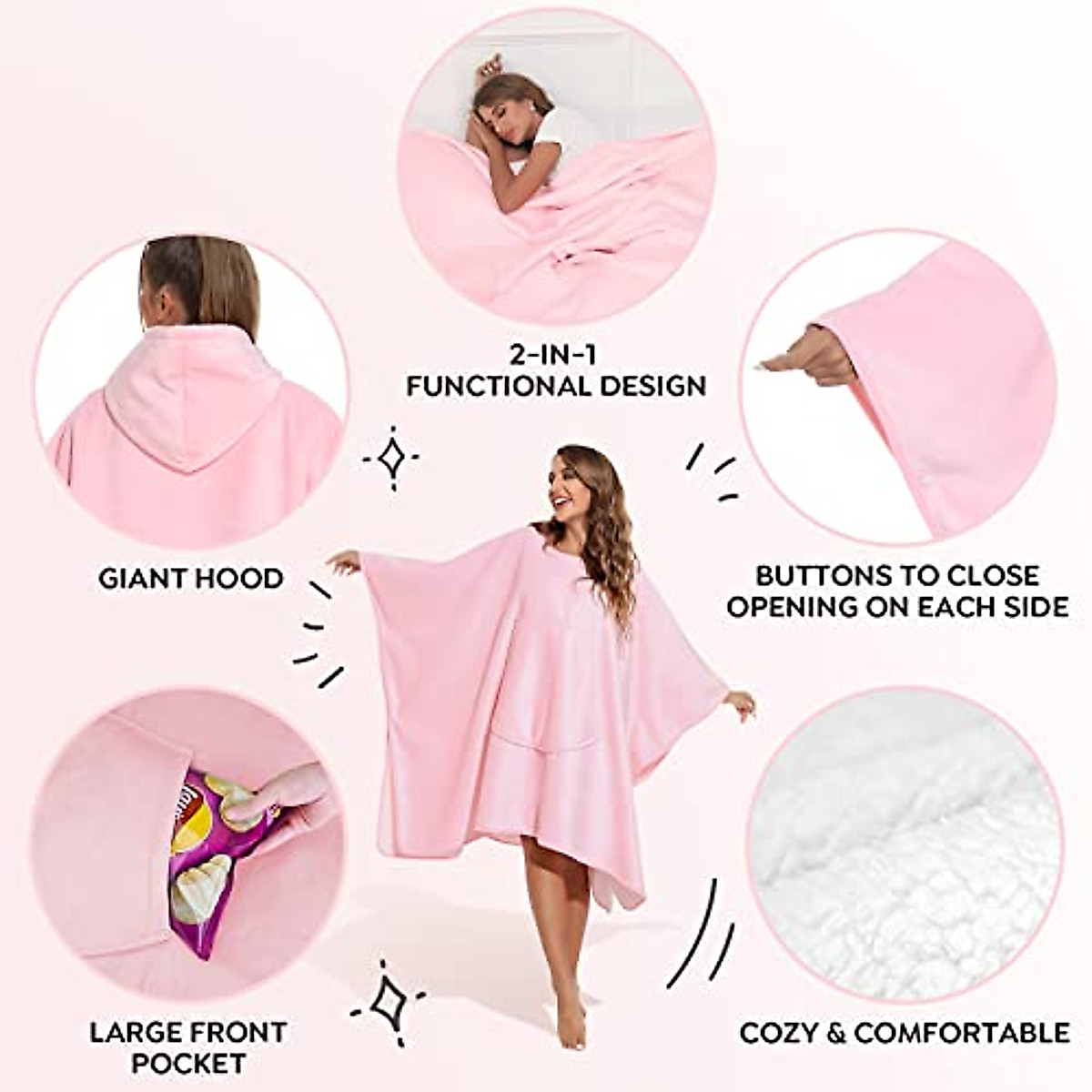BALEINEHOME Oversized Wearable Blanket Hoodie, Thick Sherpa Fleece Super Warm Blanket Sweatshirt with Buttons and Giant Pocket, for Women and Men (Pink, Button)