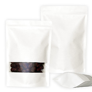 SumDirect White Kraft Stand Up Bags Pouches Resealable Bag with Zip Lock and Matte Window for Food Storage, 5.9x8.6 Inches, 13oz, Pack of 50