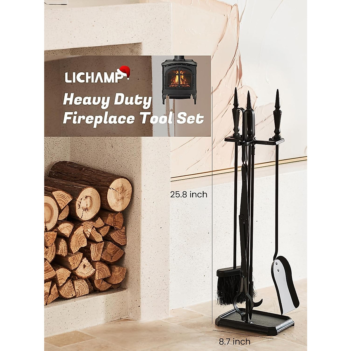 Lichamp Gothic Fireplace Tools Set, 5-Pieces Indoor Outdoor Sturdy Fire Place Poker Sets with Gothic Handle, FTS35BK