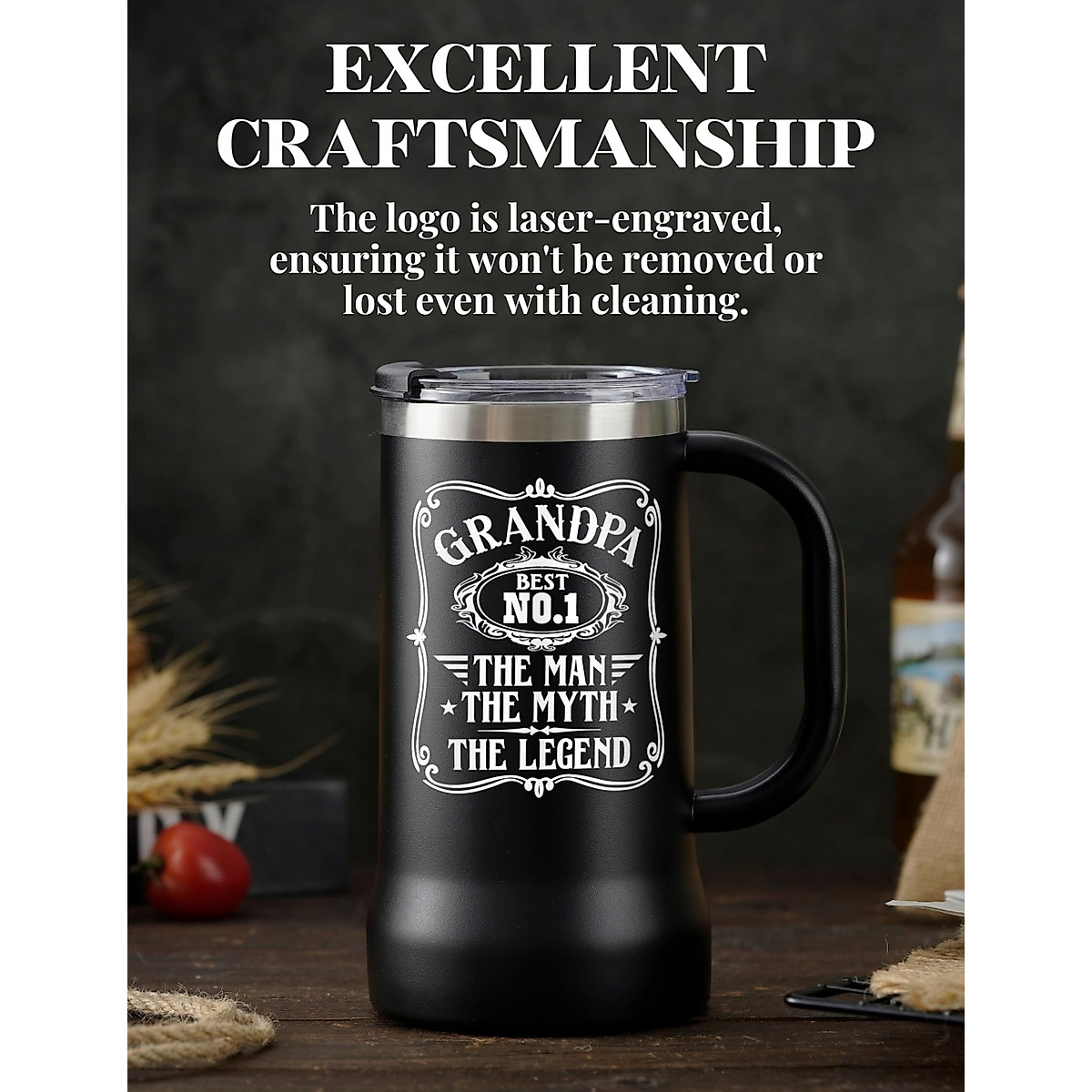 Onebttl Grandpa Gifts Stainless Steel Beer Stein Tumbler, 24oz Beer Mug with Lid for Father's Day, Christmas - Man Myth Legend