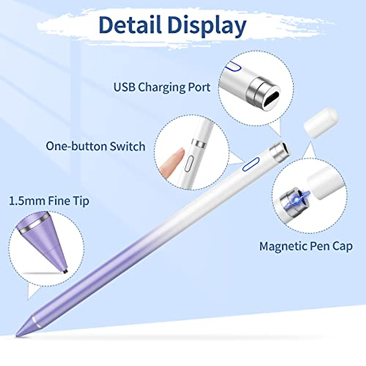 Stylus Pen for iPad, Active Stylus Pen for Touch Screens with Fine Point Tip & Magnetic Cap, Compatible with Apple iPad, iPhone, Android, Tablet and Other Capacitive Touch Screen (White Purple)