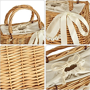 So'each Women's Handmade Rattan Wicker Artificial Pearl Shoulder Bag Beige