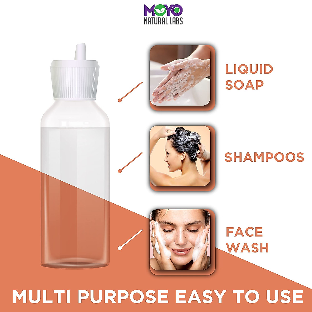 MoYo Natural Labs 4 oz Squirt Bottles, Squeezable Empty Travel Containers, BPA Free HDPE Plastic for Essential Oils,Liquids,Toiletry/Cosmetic Bottles(Neck 20-410) (Pack of 6, HDPE Translucent White)