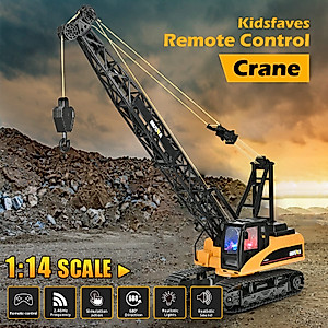 KidsFaves 15 Channel Remote Control Crane Toy,Proffesional Series,1:14 Scale-Rechargeable Battery RC Construction Toy Crane-Heavy Duty Metal Hook, with Lights Sounds for Boys & Girls 8-12