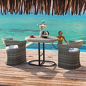 NUU GARDEN 3 Piece Outdoor Patio Bistro Set, Patio Furniture Set for 1 Iron Patio Table and 2 Dining Chairs, Balcony Furniture Patio Table and Chairs Set of 2 with Cushions, for Garden Yard, Gray