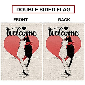 Valentines Day Garden Flag Cat Welcome Valentines Garden Flag Love Heart Party Home Burlap Double Sided Yard Decor 12.5 x 18 Inch
