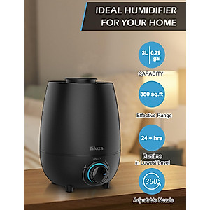 Humidifiers for Bedroom, Tiluza 3L Cool Mist Humidifier for Home Plant and Baby Nursery, Top Fill Quiet Ultrasonic Air Humidifier with 360° Nozzle, Auto Shut-Off, Filterless