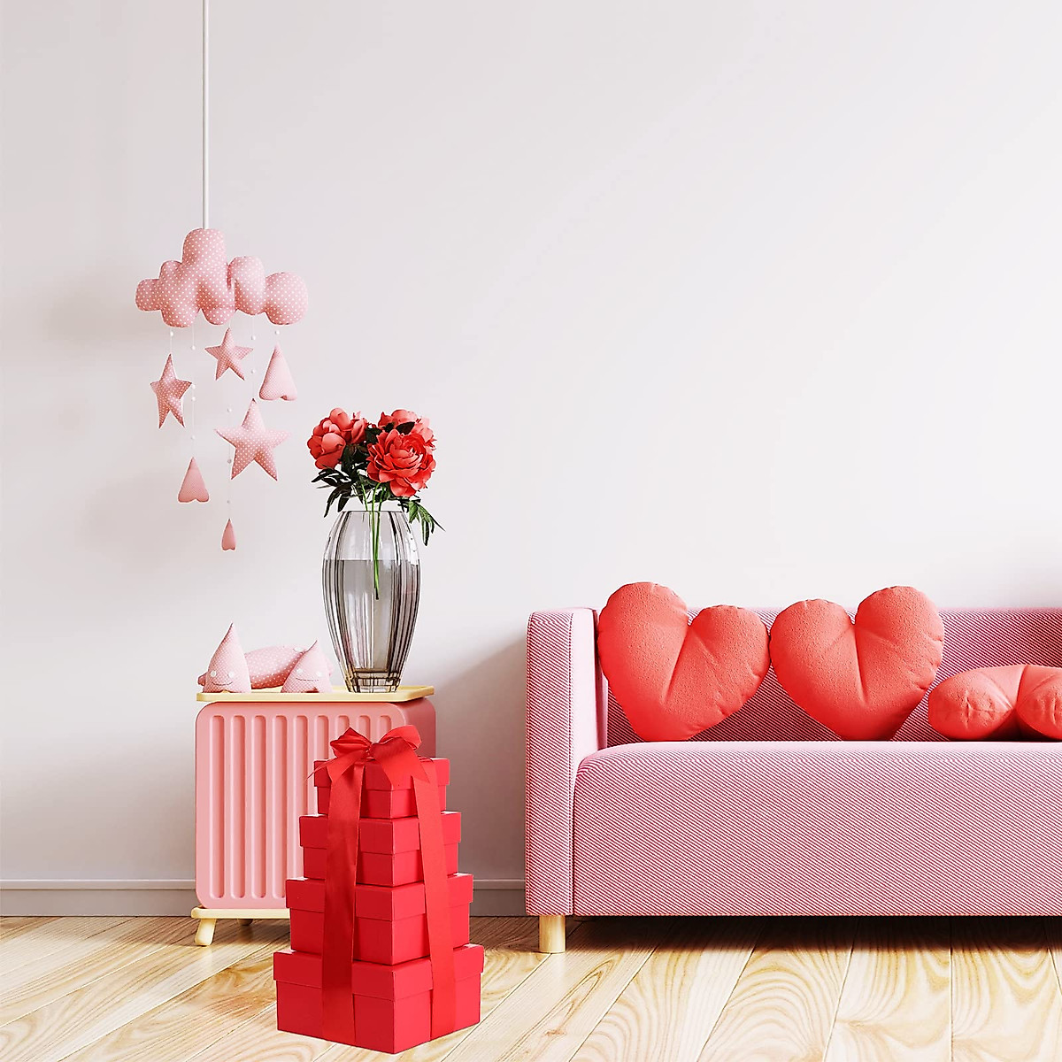 Clabby Square Nesting Gift Boxes with Lid Christmas Rigid Gift Box, 4 Assorted Sizes Boxes for Presents with 1 Roll Ribbon for Valentines Bridal Bridesmaid Wedding Anniversary Favor (Red)