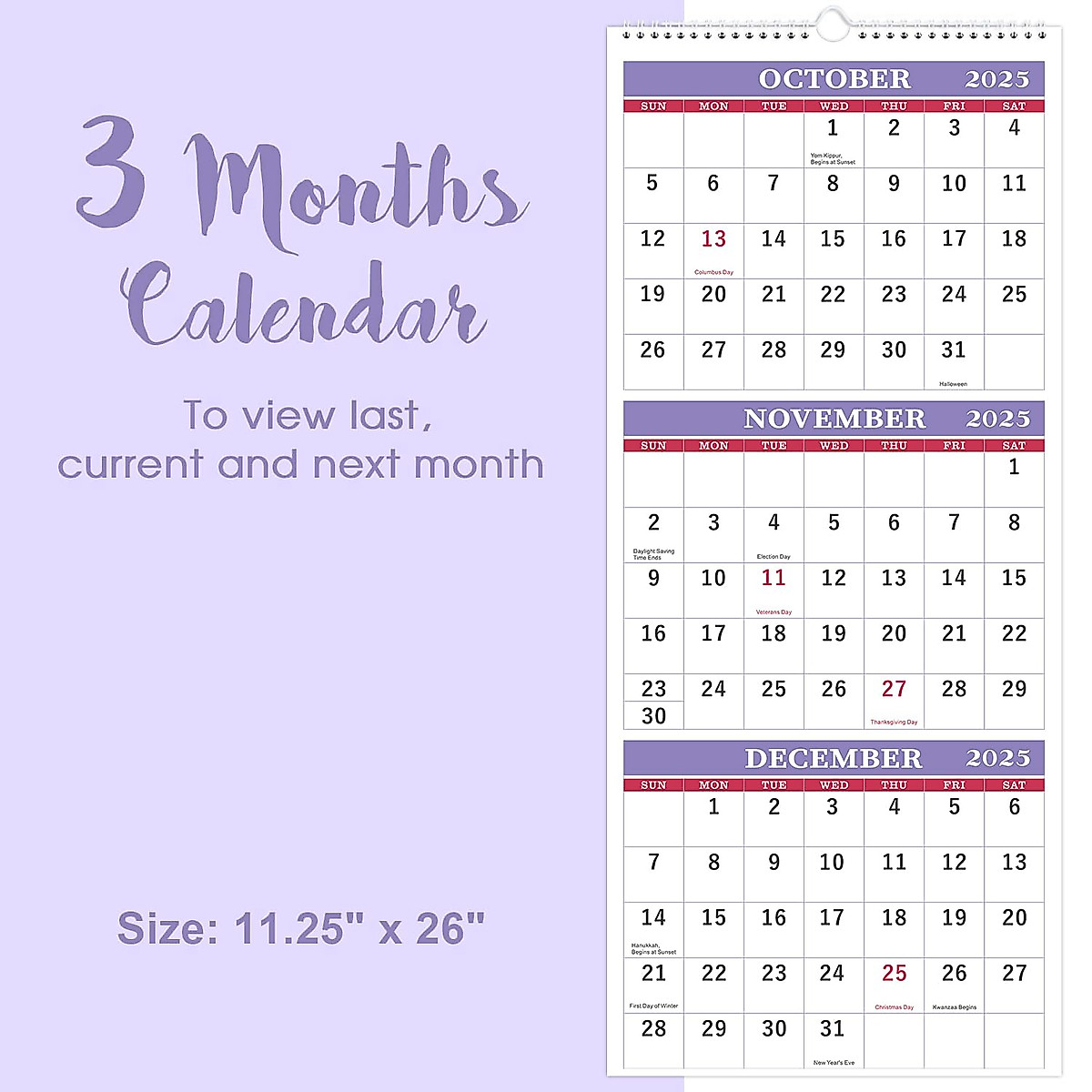 2025-2026 Wall Calendar - 3 Month Wall Calendar Display (Folded in a Month), May 2025 - June 2026, 11.25" x 26", 3 Month Calendar 2025-2026 - Purple