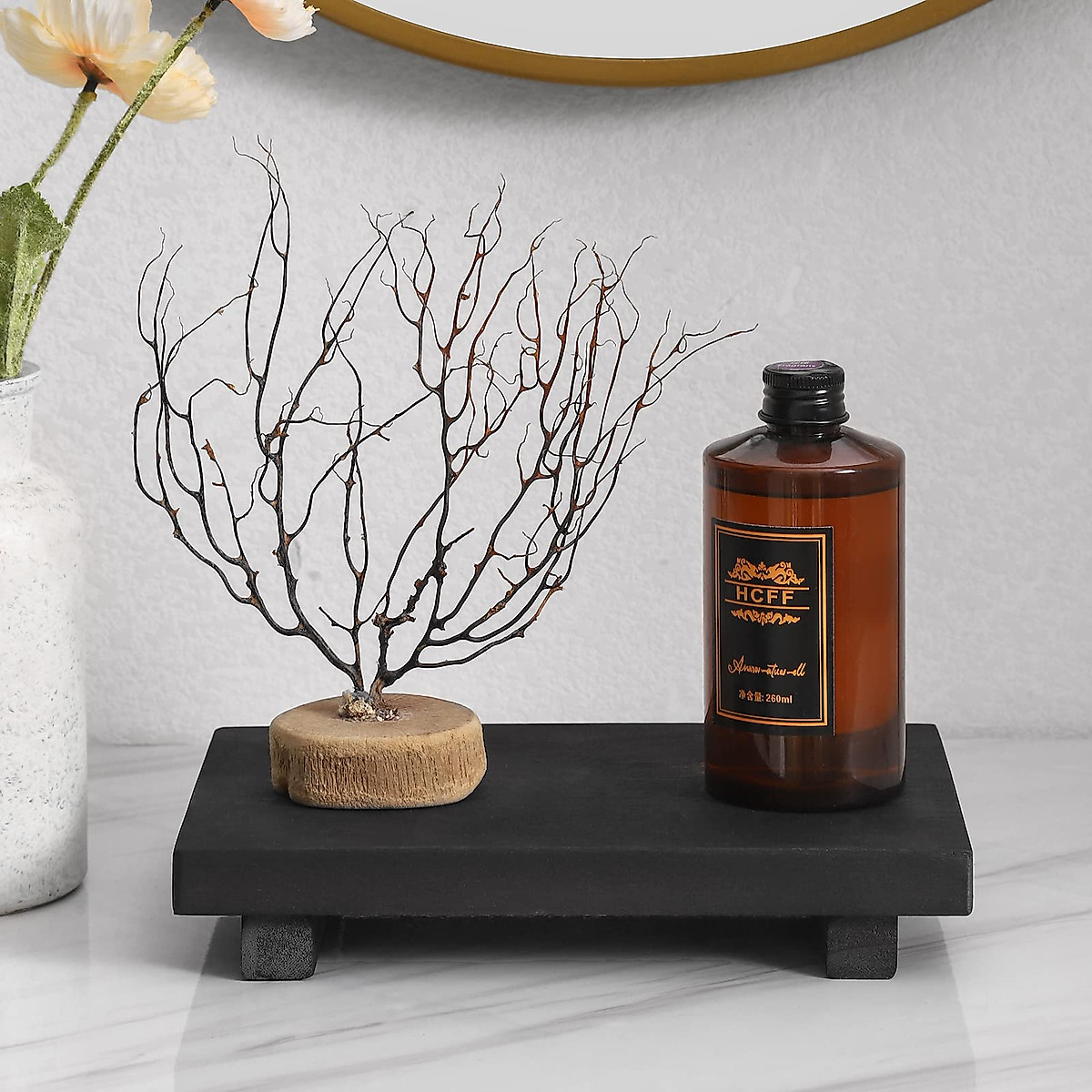Small Bathroom Counter Organizer Wooden Decorative Trays Rectangular Cosmetic Holder for Kitchen, Soap, Lotion Bottle, Plant, Cosmetic, Retro Black