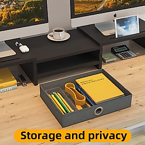 WESTREE Dual Monitor Stand Riser with Drawer, Monitor Stand Riser for 2 Monitors, Adjustable Length and Angle, 2 Solts for Phone & Tablet, Desktop Organizer Stand for Computer/Laptop/PC/Printer