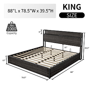 LUXOAK King Size Lift Up Storage Bed, Wood Platform Bed Frame with Storage Headboard & Charging Station, No Box Spring Needed, Easy Assembly, Black