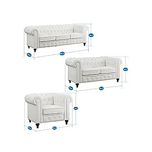 Naomi Home Chesterfield Sofa Set Living Room Chair Juegos Leather Couch Sofa Chair for Bedroom Modern Chesterfield Tufted Leather Chair Leather Sofas for Living Room (3 Piece Sofa Set, White)