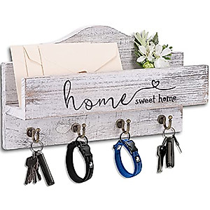 seashpea Key Mail Holder Wood - Key Holder for Wall Decorative, Key Holder with 4 Vintage Hooks, Rustic Key Hanger, Key Rack for Leash, Mail Holder with Shelf for Entryway, Office, White