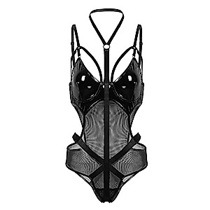 Sxglamr Women Wetlook Leather One Piece Lingerie Lace Teddy Corset Bodysuit Clubwear