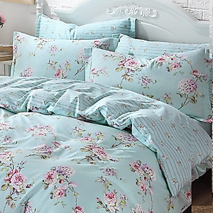 FADFAY 7-Piece 100% Cotton Complete Bedding Sets Full Size Sheet Set + Duvet Cover, Soft Blue Shabby Floral Deep Pocket Bed in a Bag (1 Duvet Cover, 1 Fitted Sheet, 1 Flat Sheet + 4 Pillowcases)