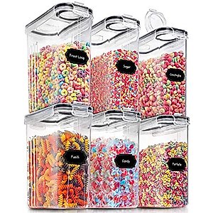 PRAKI Large Dry Food Storage Containers with Lids, 6PCS Airtight Cereal Containers Storage Set, Leak-proof Canister Set for Kitchen Pantry Organization with 20 Labels & Marker (4L Black)