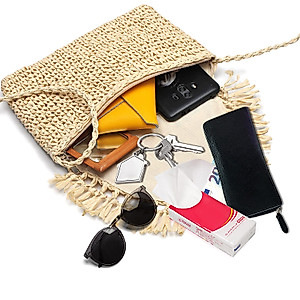 YallFairy 2 Pack Straw Handbags Purses Crossbody Bags for Women Boho Beach Summer Handwoven Tassel Messenger Shoulder Bags (Khaki & Beige)