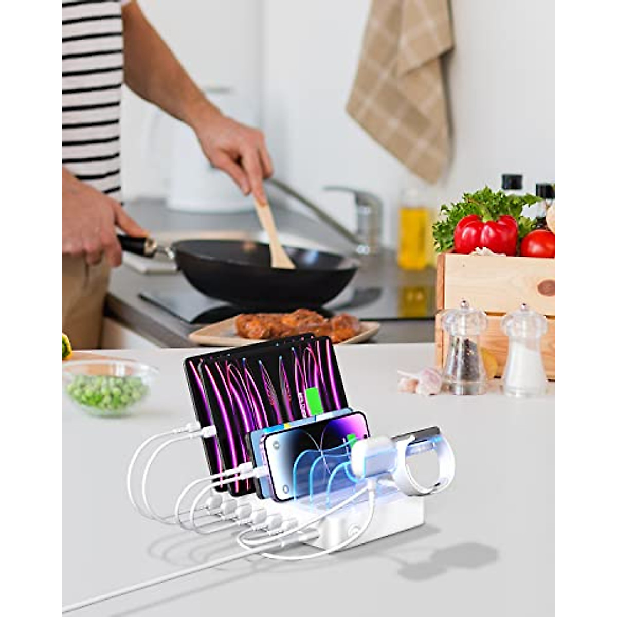 SooPii Premium 6-Port USB Charging Station Organizer for Multiple Devices, 6 Short Charging Cables and One Upgraded i-Watch Charger Holder Included, for Phones, Tablets, and Other Electronics, White