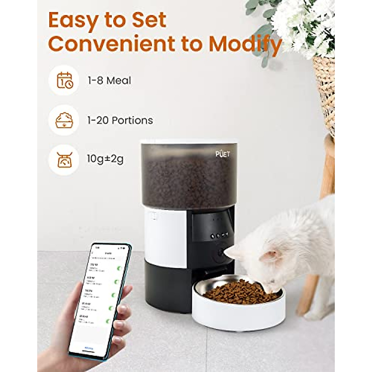 PUET Automatic Cat Feeder with Camera, Timer Voice 1080P HD Video Recording, Height Adjustable 3L WiFi Pet Feeder with 2-Way Audio, Programmable Dog Food Dispenser 1-8 Meal Per Day