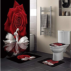 4 Pieces Shower Curtain Bath Rugs Set Romantic Mother's Day Red Rose and Lake Swan Waterproof Bathroom Curtains Non-Slip Floor Doormats Toilet Lid Cover and U Shape Carpet