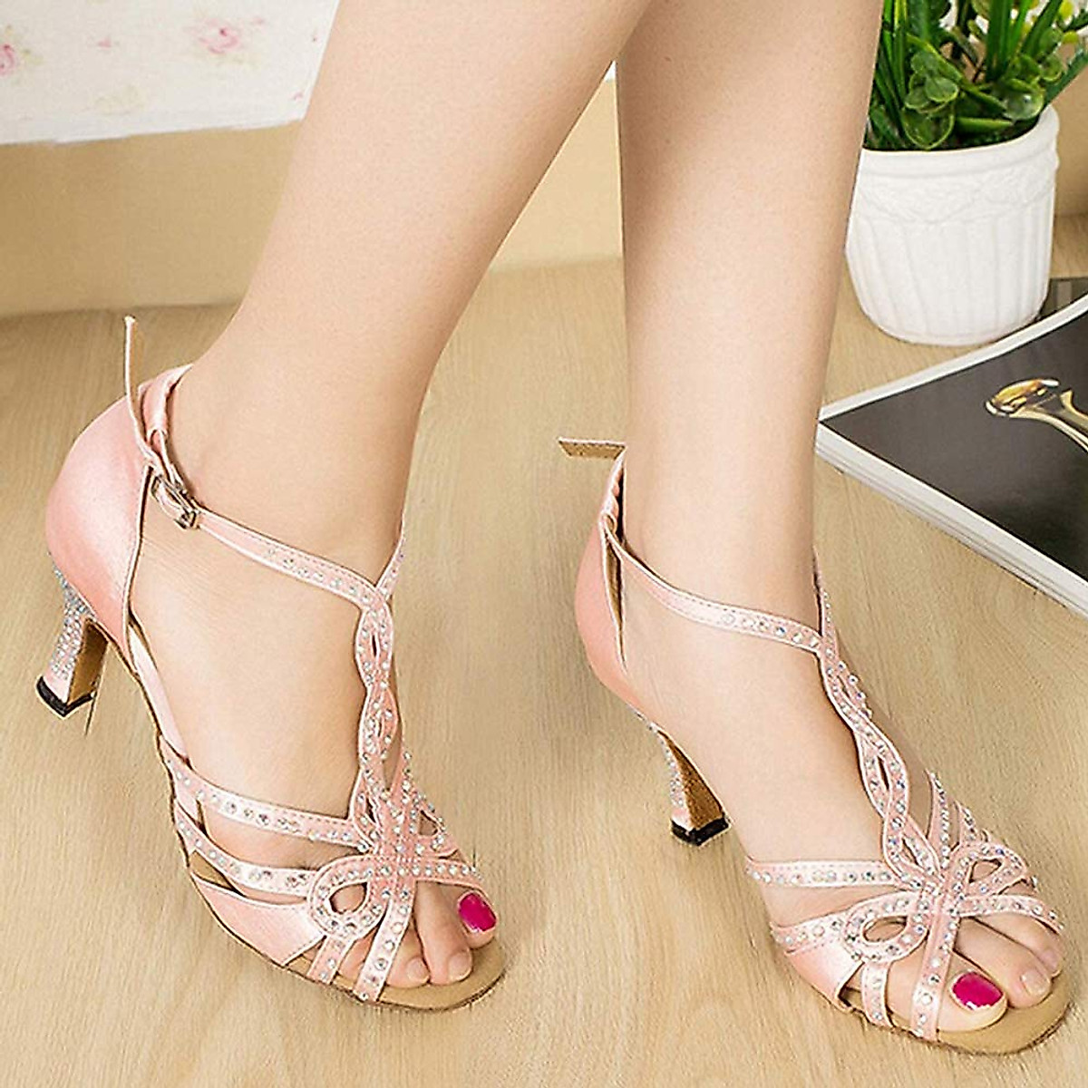 HROYL Women's Satin Heels Latin with Rhinestone Dance Shoes Salsa Bachata ChaCha Performance Dance Shoes,YCL285-Pink-5,US6