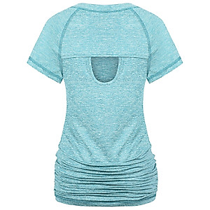 Ninedaily Yoga Tops for Women Loose Fit,Long Tunics Top for Yoga Pants Pilates Crop Stay at Home Casual Shirts Athletic Sport Activewear O Neck Open Back Details Cool Summer T-Shitrs Aqua XXL