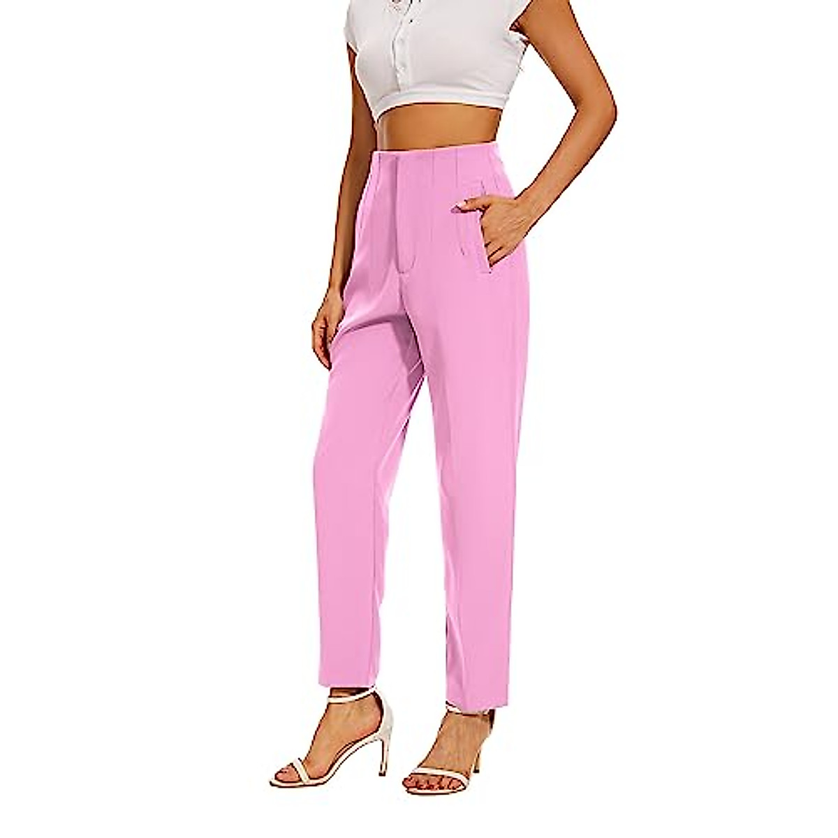 Kusogiay High Waist Dress Pant for Women Business Trousers Work Office Pants with Pockets(Large,Light Pink)
