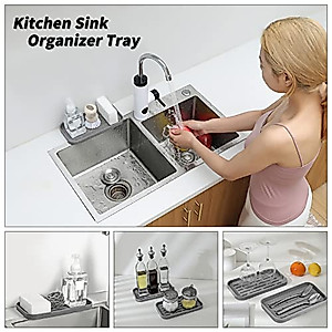 MicoYang Silicone Kitchen Sink Organizer Tray for Multiple Usage,Eco-Friendly Sponges Holder for Kitchen Bathroom Counter or Sink,Dish Soap Dispenser,Scrubber,Bottle,Cup (Grey, 10"×5.3")