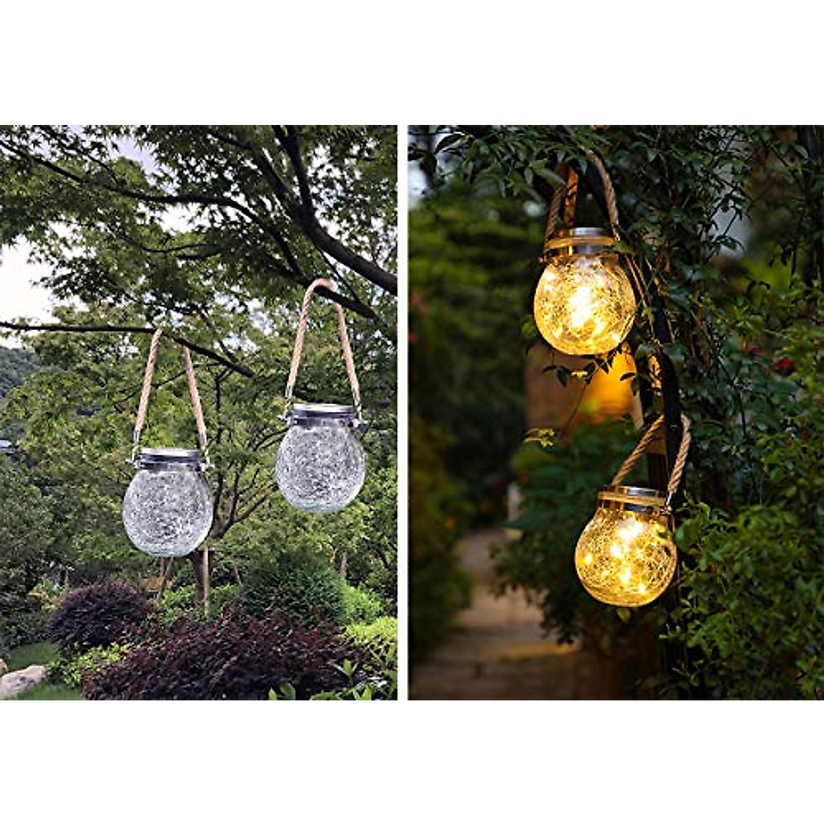2 Pack Hanging Solar Powered LED Lights,Cracked Glass Ball Light, Waterproof Outdoor Christmas Decorative Lantern for Garden, Yard, Patio, Lawn(Warm White)