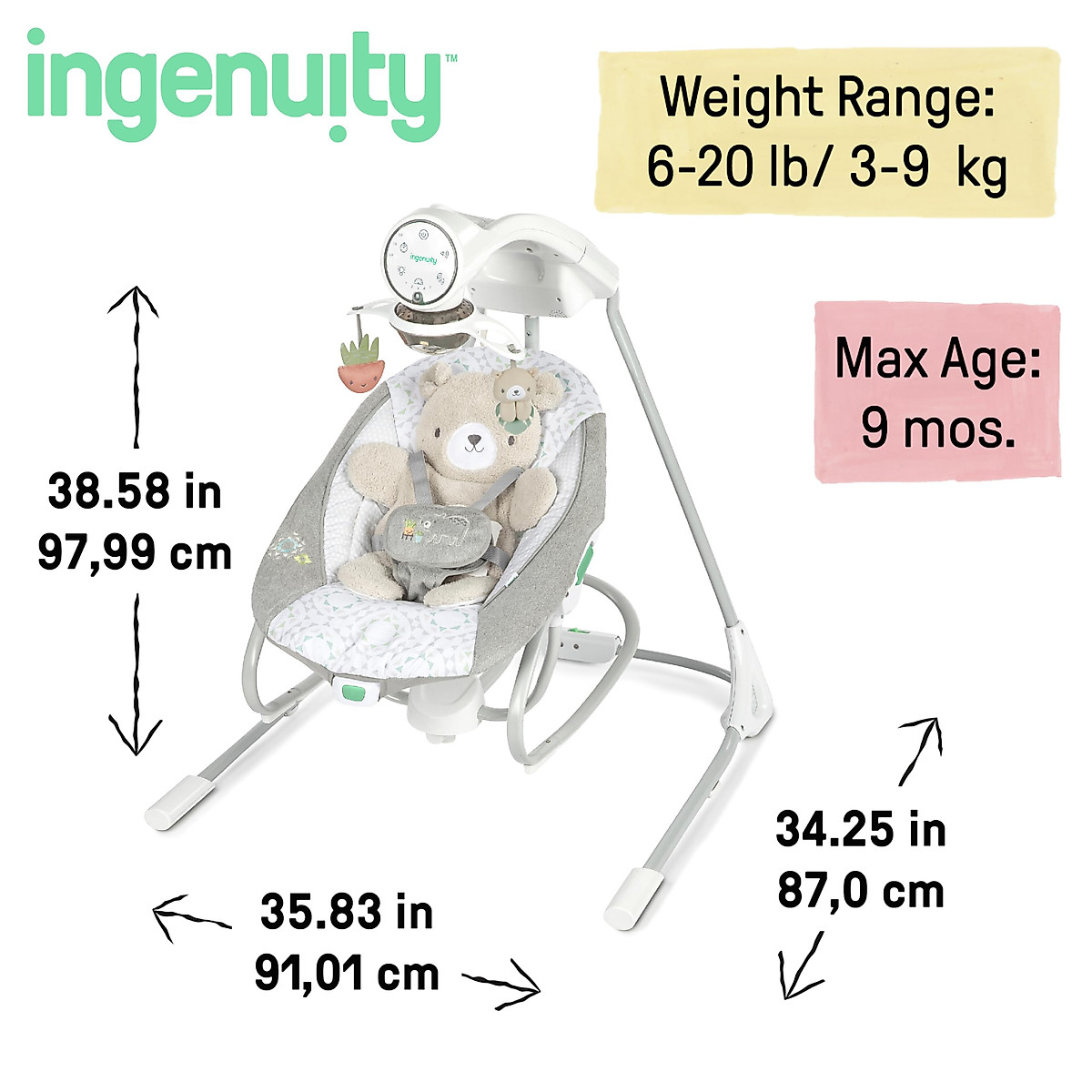 Ingenuity InLighten Soothing Swing & Rocker - Vibrating Swivel Infant Seat, Soothing Sounds, Lights - Nate