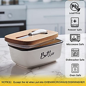 Butter Dish with Lid and Knife for Countertop, Airtight Butter Keeper for Counter or Fridge, Ceramic Butter Container with Thick Acacia Wood Lid, for Modern Kitchen Decor and Accessories, White