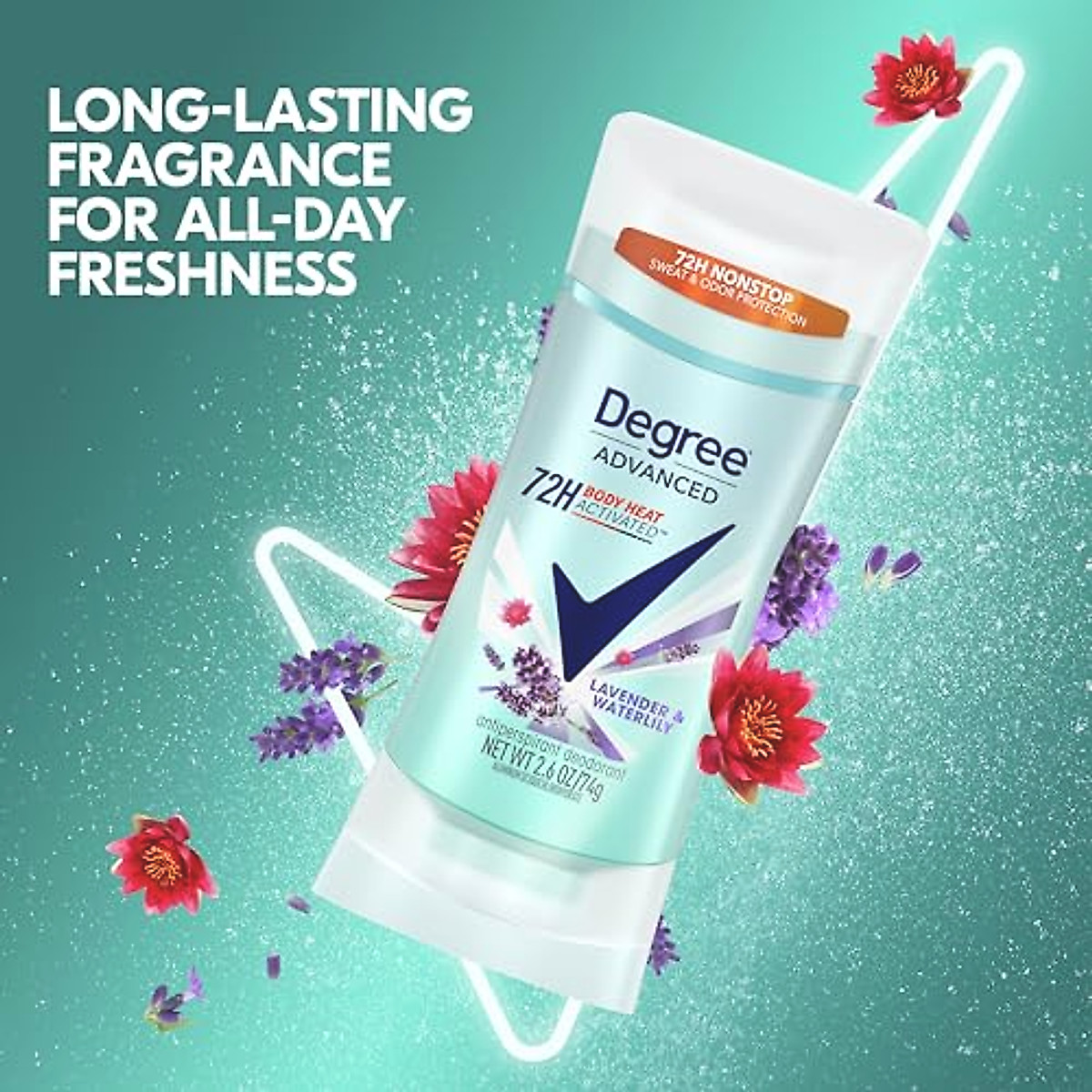 Degree Advanced Protection Antiperspirant Deodorant Lavender & Waterlily for 72-Hour Sweat & Odor Control for Women, with Body Heat Activated Technology, 2.6 oz