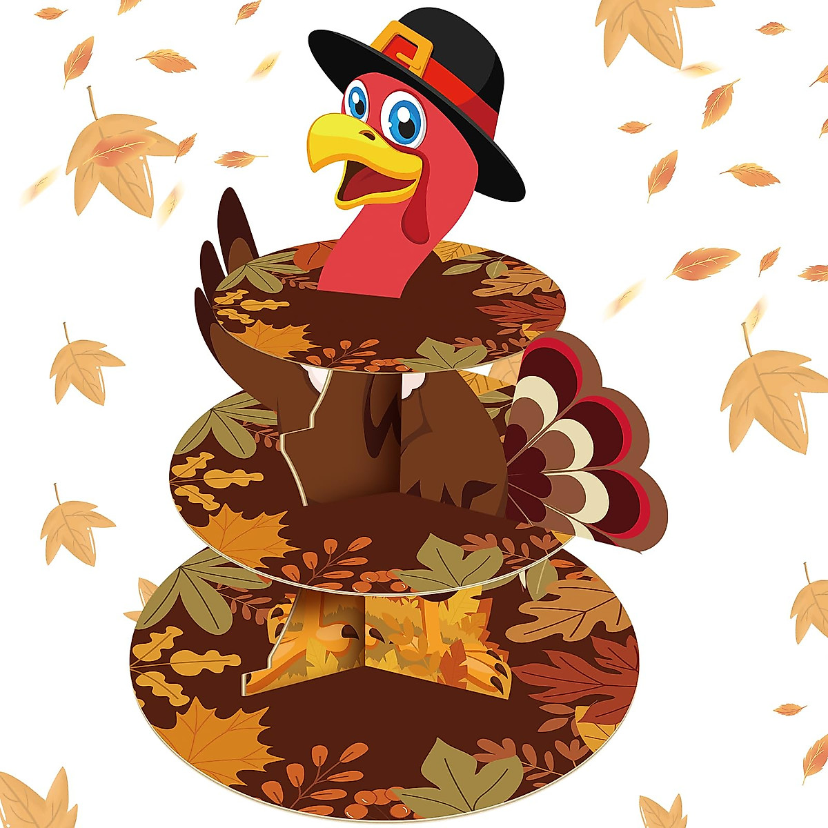 Uiifan Thanksgiving Day Cupcake Stand 3 Tiers Turkey Maple Leaf Cardboard Cake Dessert Holder Tower Cookie Trays for Fall Autumn Thanksgiving Decorations Party Supplies