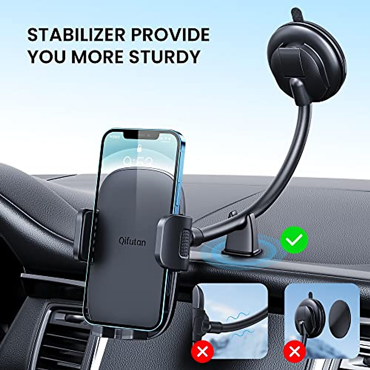 Qifutan Cell Phone Holder for Car Phone Mount Long Arm Dashboard Windshield Car Phone Holder Strong Suction Anti-Shake Stabilizer Phone Car Holder Compatible with All Phone Android Smartphone
